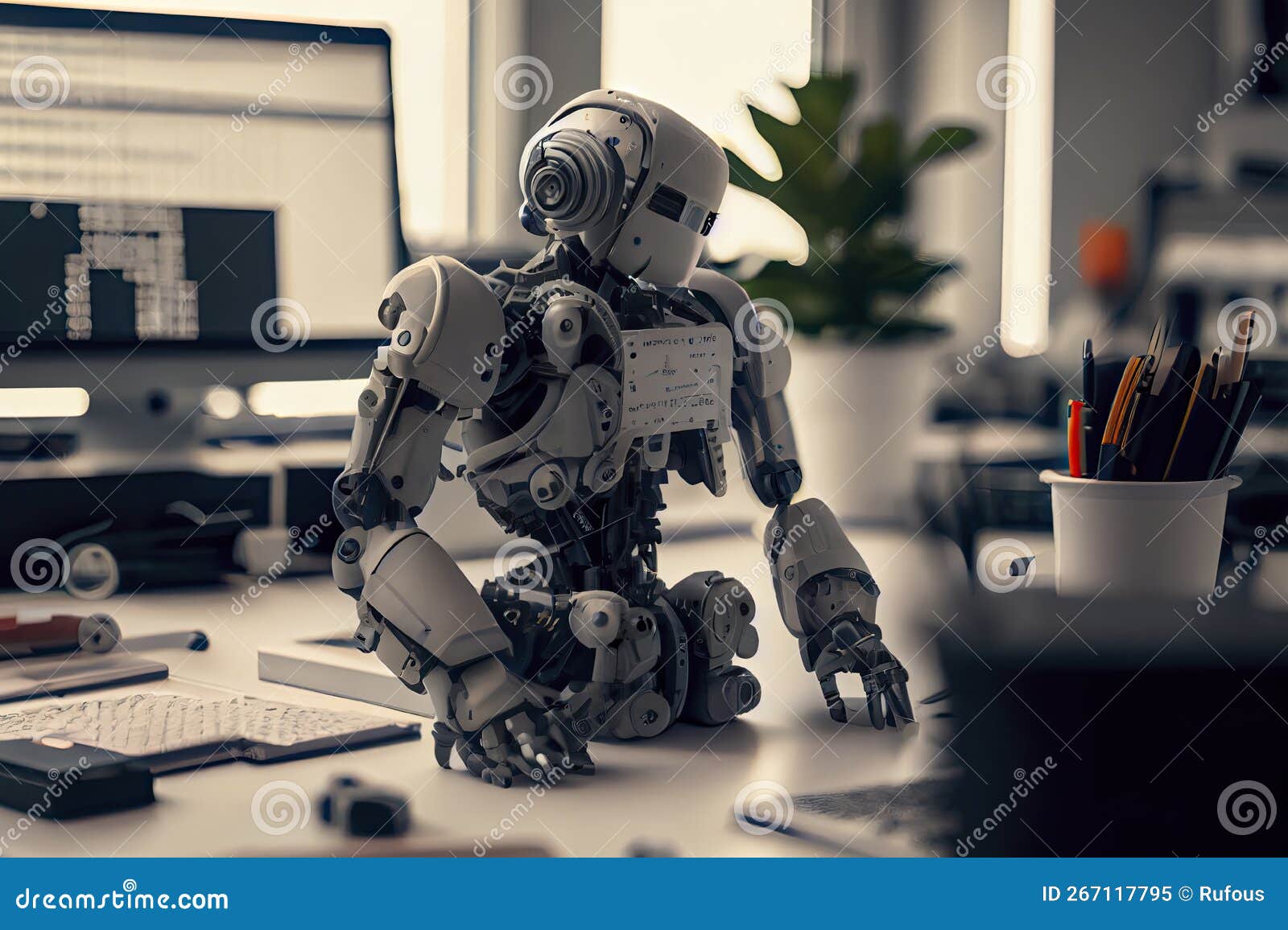 Humanoid Robot Working in an Office Setting Stock Illustration ...