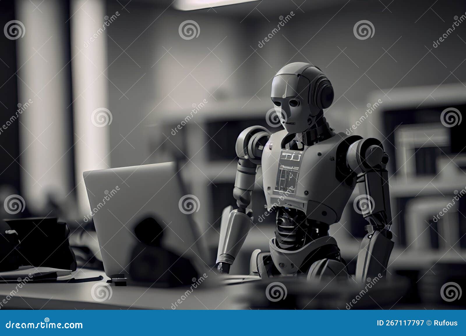 Humanoid Robot Working in an Office Setting Stock Illustration ...