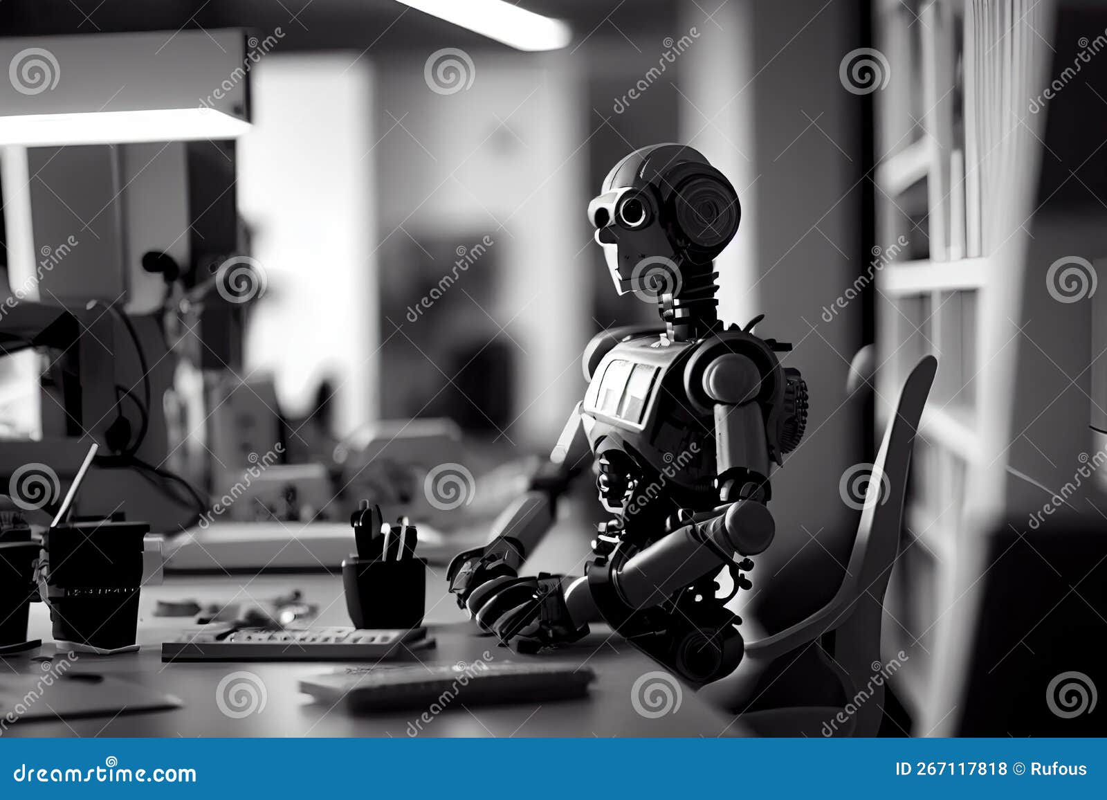 Humanoid Robot Working in an Office Setting Stock Illustration ...