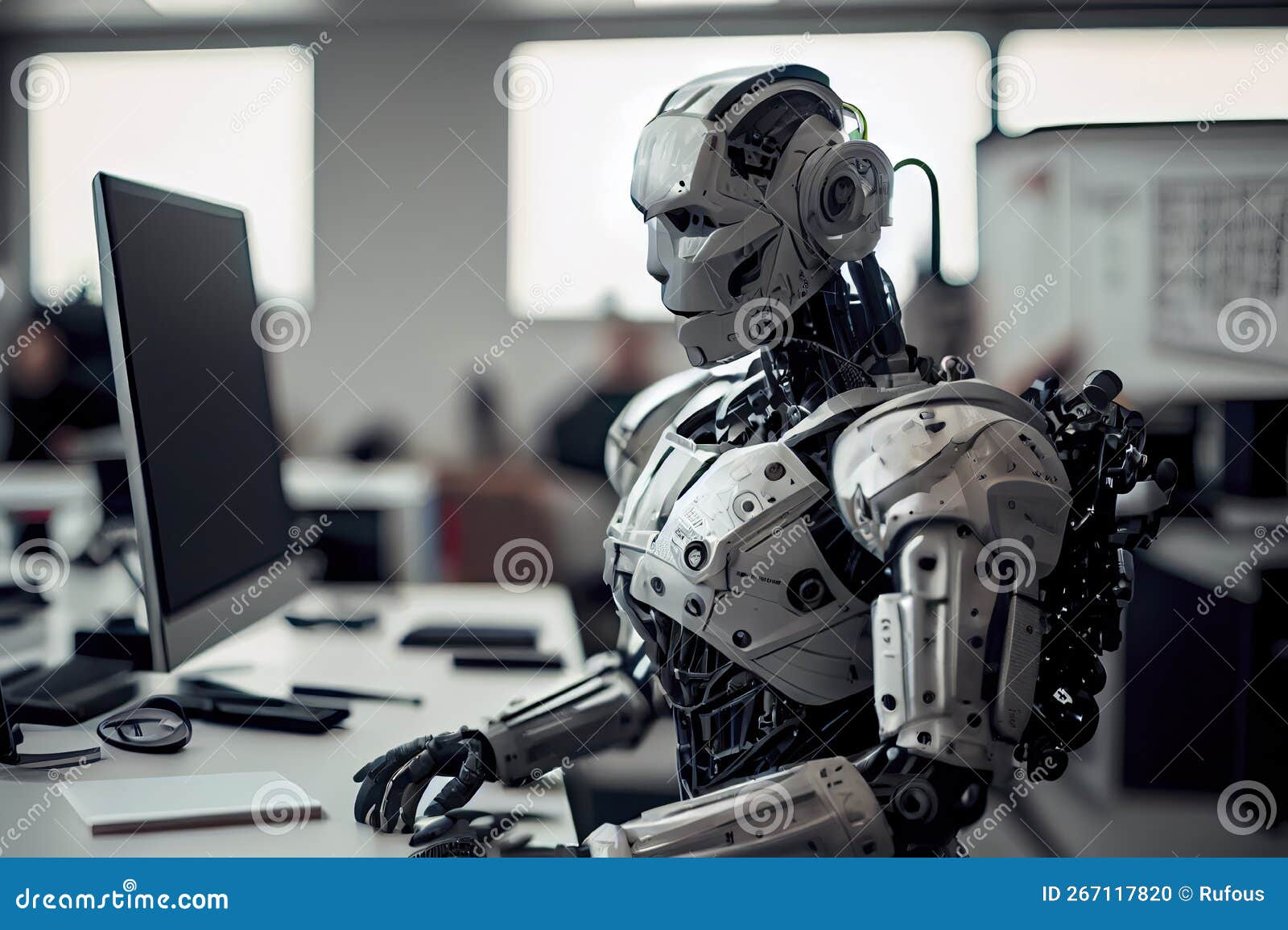 Humanoid Robot Working in an Office Setting Stock Illustration ...