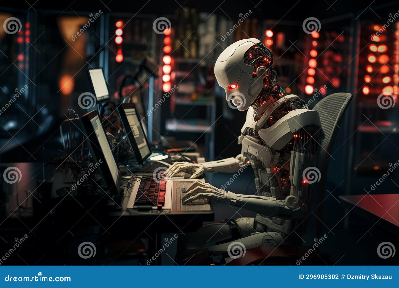 The Robot Works In The Server Room. A Mechanical Hand Switch Wires In ...
