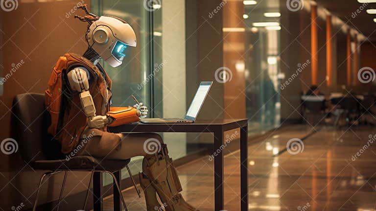 A Humanoid Robot Works in an Office on a Laptop, Showcasing the Utility ... A Humanoid Robot Works in an Office on a Laptop, Showcasing the Utility ...