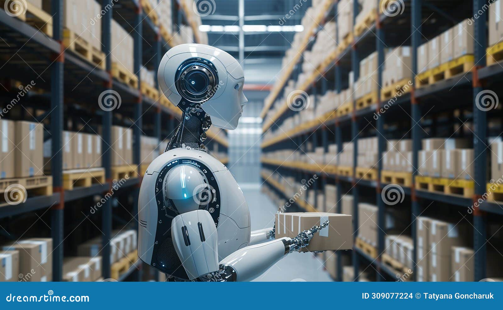 A Humanoid Robot Works in a Warehouse Stock Illustration - Illustration ...