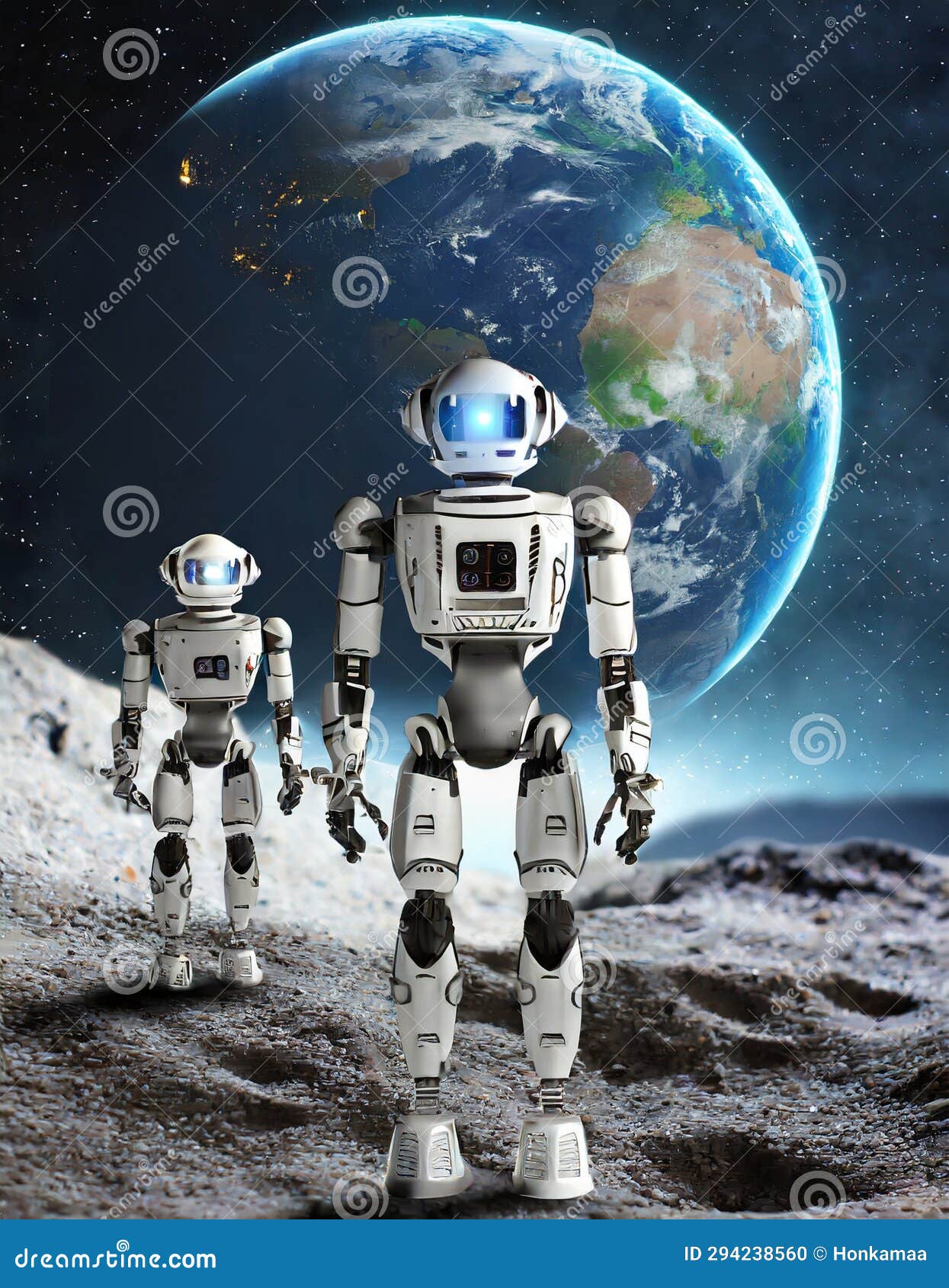 Humanoid Robots on the Moon Stock Illustration - Illustration of ...