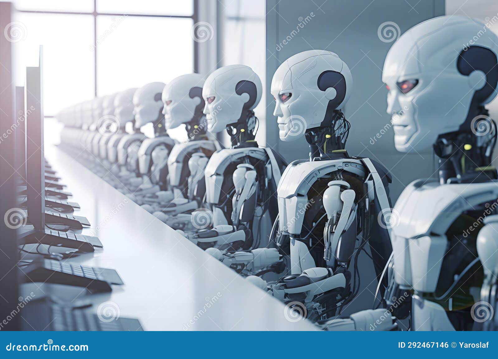 Humanoid Robots Sitting at Table with Computers and Laptops Stock ...
