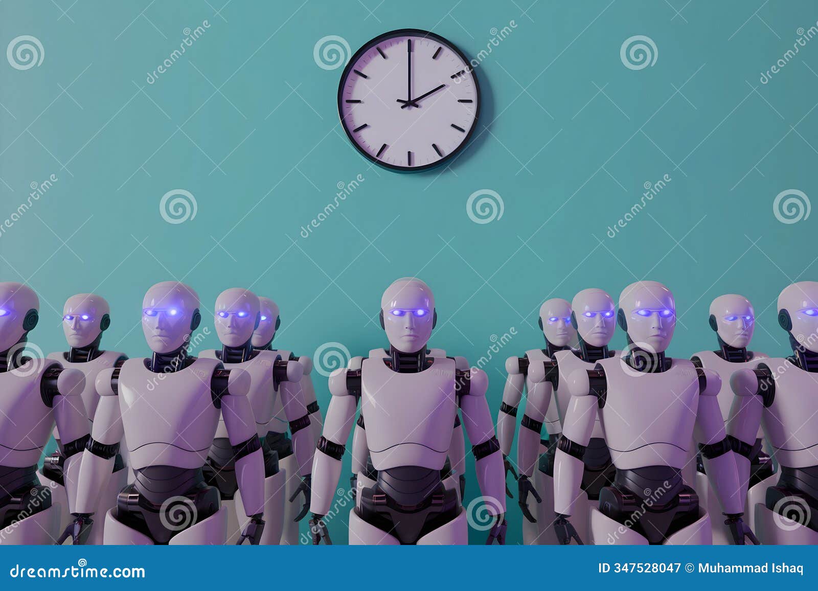Humanoid Robots Stand in Rows, with Illuminated Eyes and a Clock Stock ...