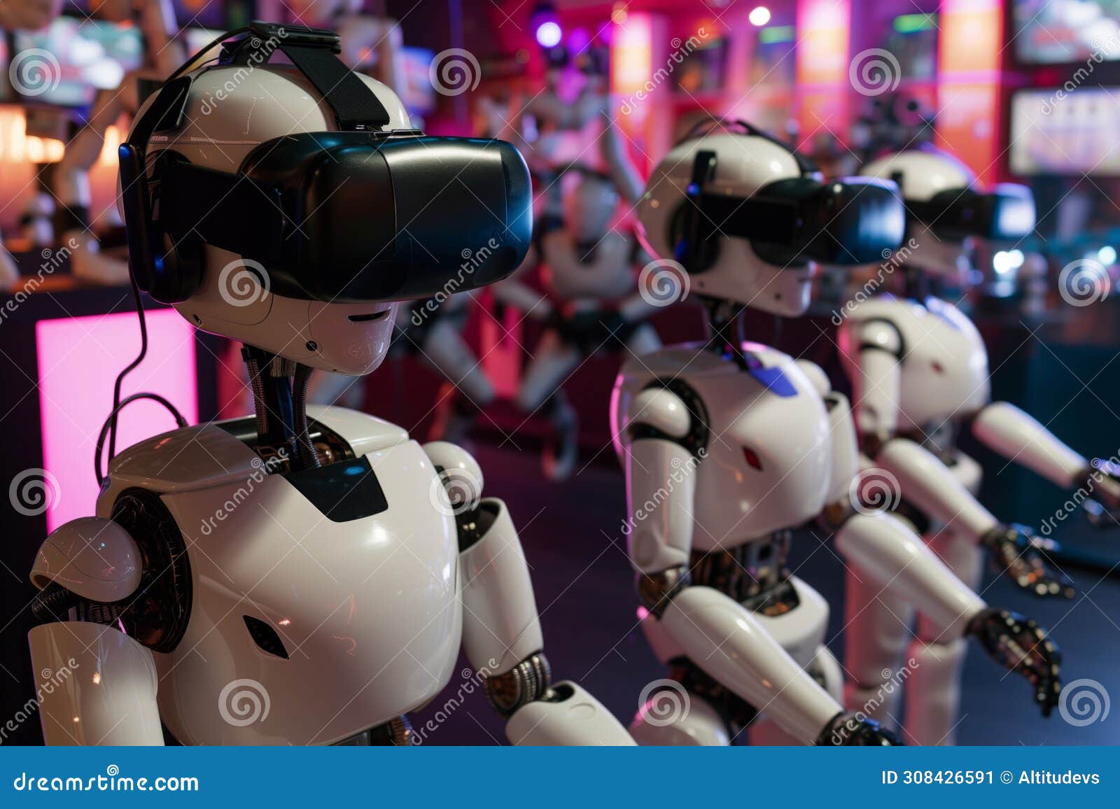 Humanoid Robots Wearing Vr Headsets in a Gaming Setup Stock Image ...