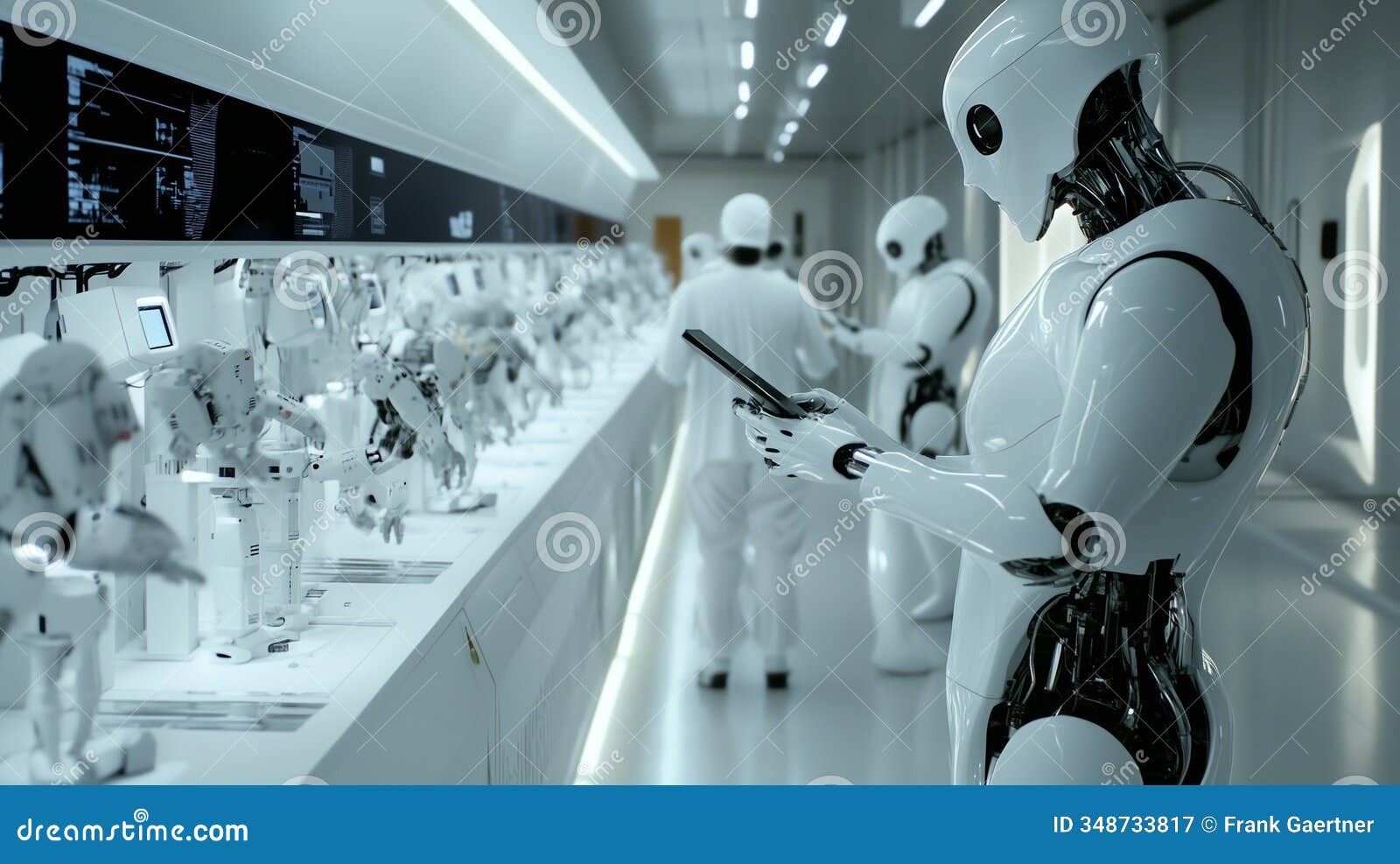 Humanoid Robots in a Well-lit Lab Work on Tablets while Examining a ...