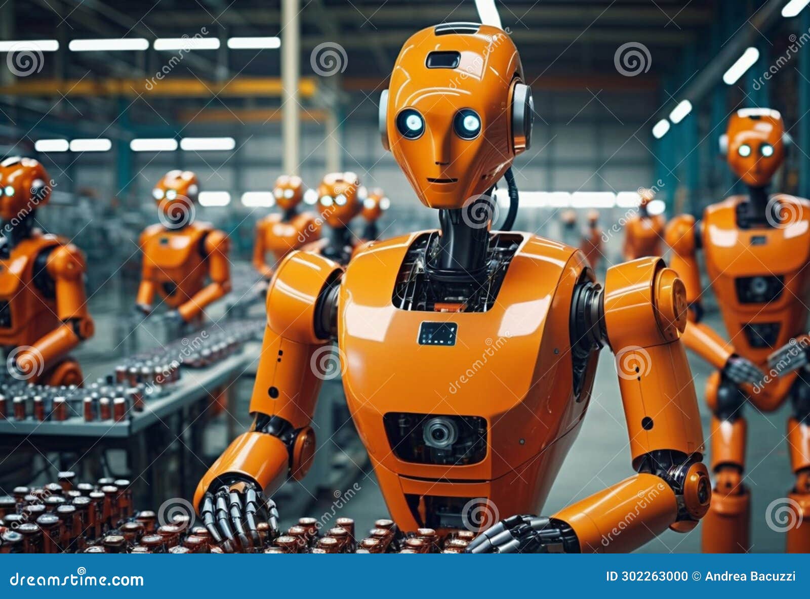 Humanoid Robots Working in a Factory Assembly Line of Batteries Stock ...