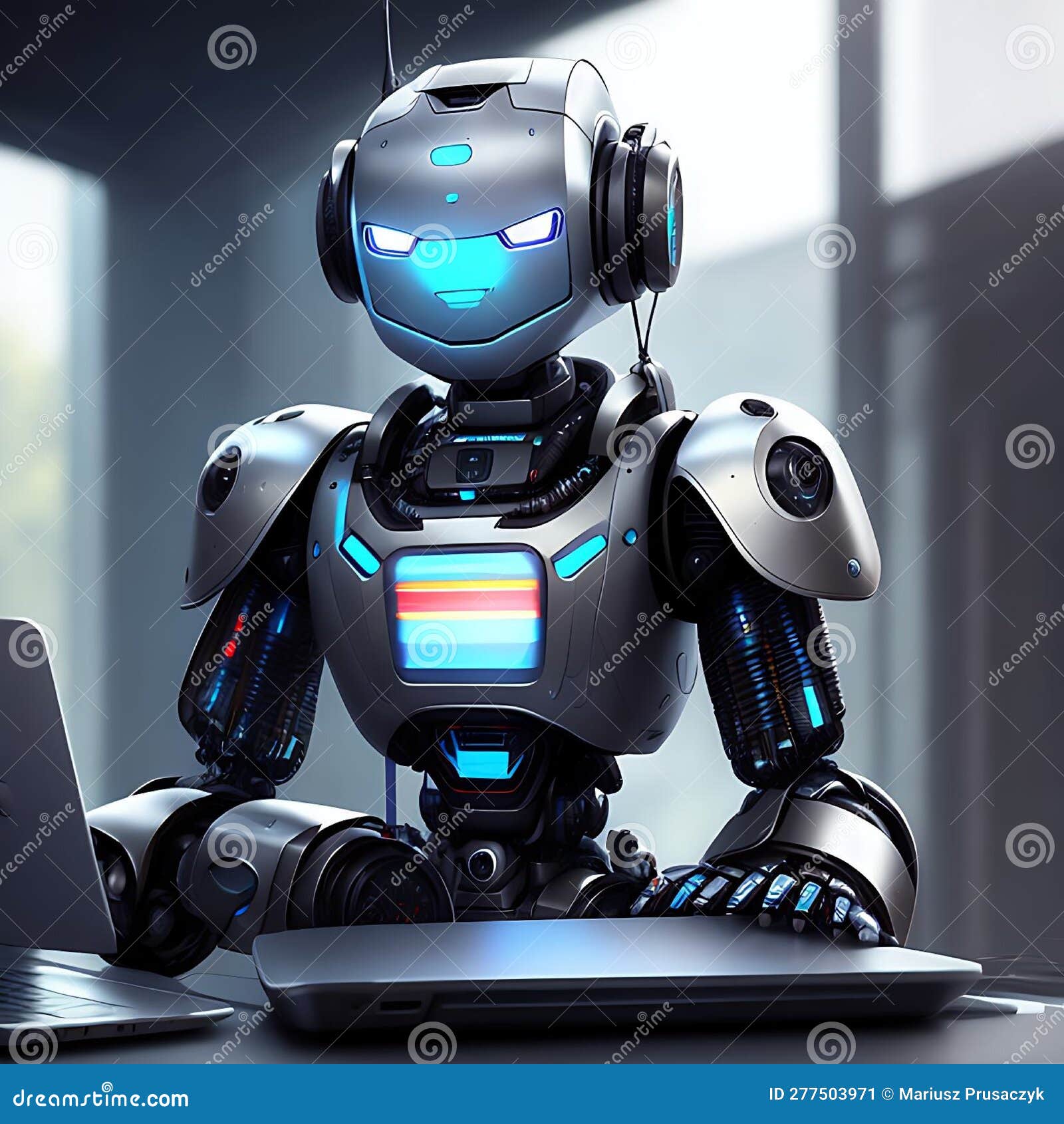 Humanoid Works at the Computer. Generative AI. Stock Illustration ...