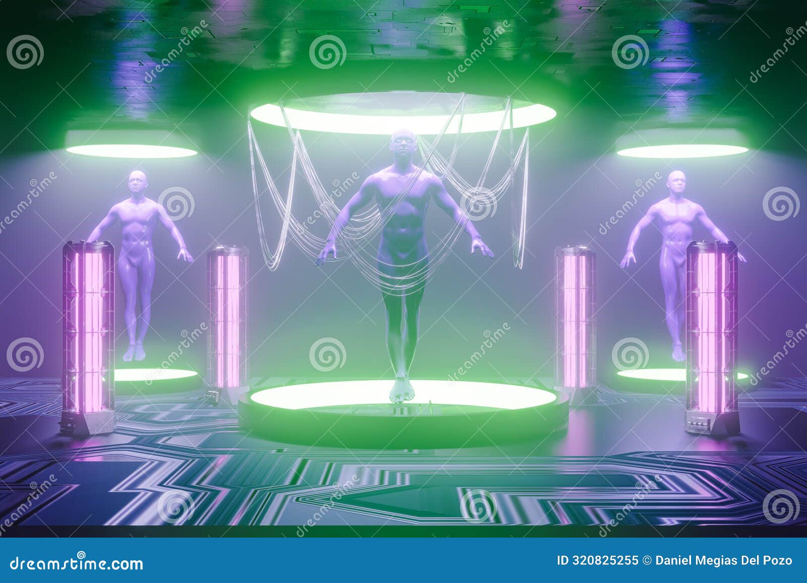 Humans Inside Illuminated Neon Circles in Laboratory. Abstract Sci Fi ... Humans Inside Illuminated Neon Circles in Laboratory. Abstract Sci Fi ...