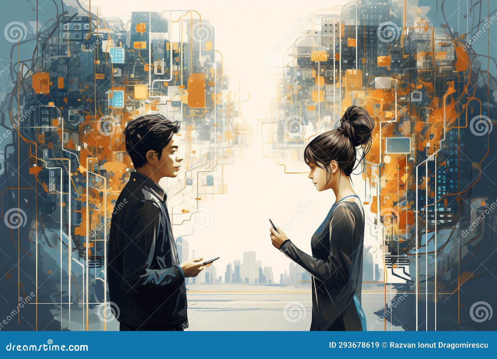 Humans Interconnected through the Web of Technology, Symbolizing the ...