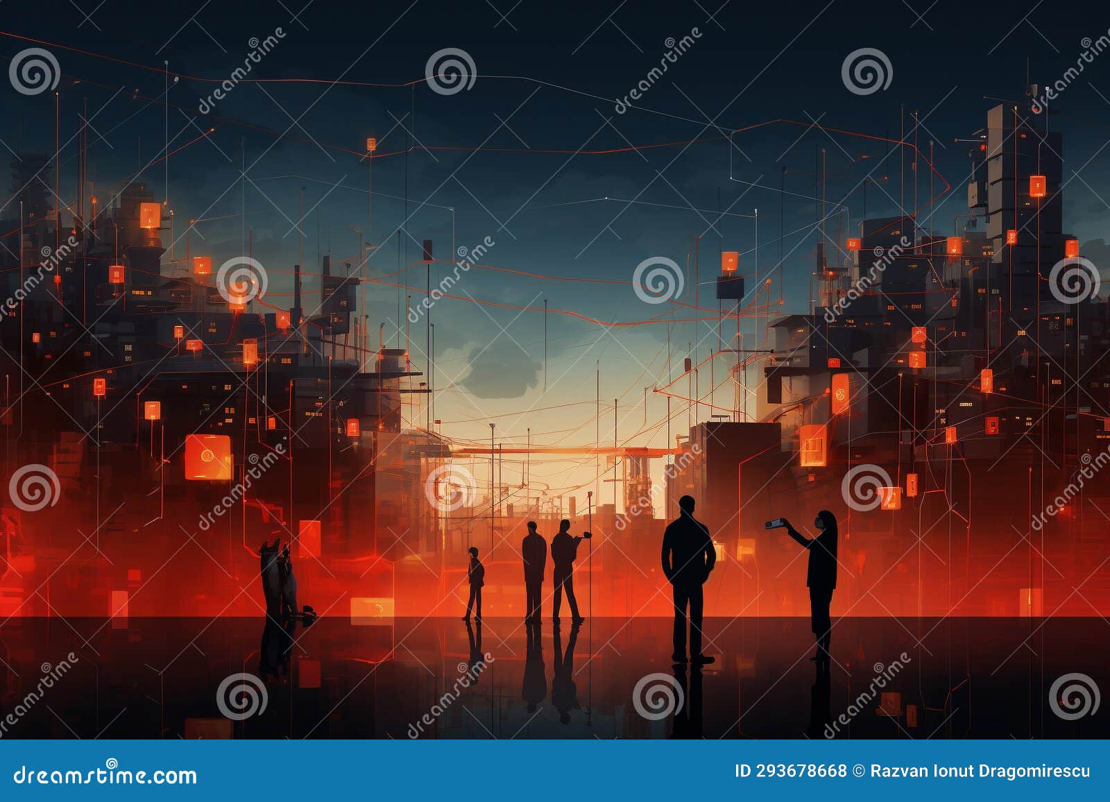 Humans Interconnected through the Web of Technology, Symbolizing the ...