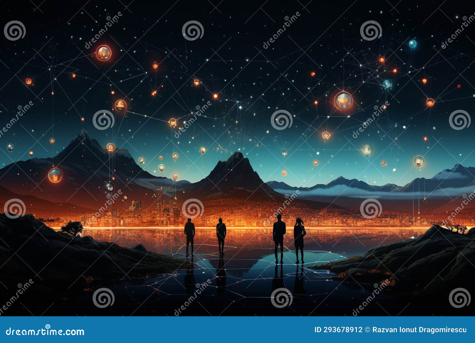 Humans Interconnected through the Web of Technology, Symbolizing the ...