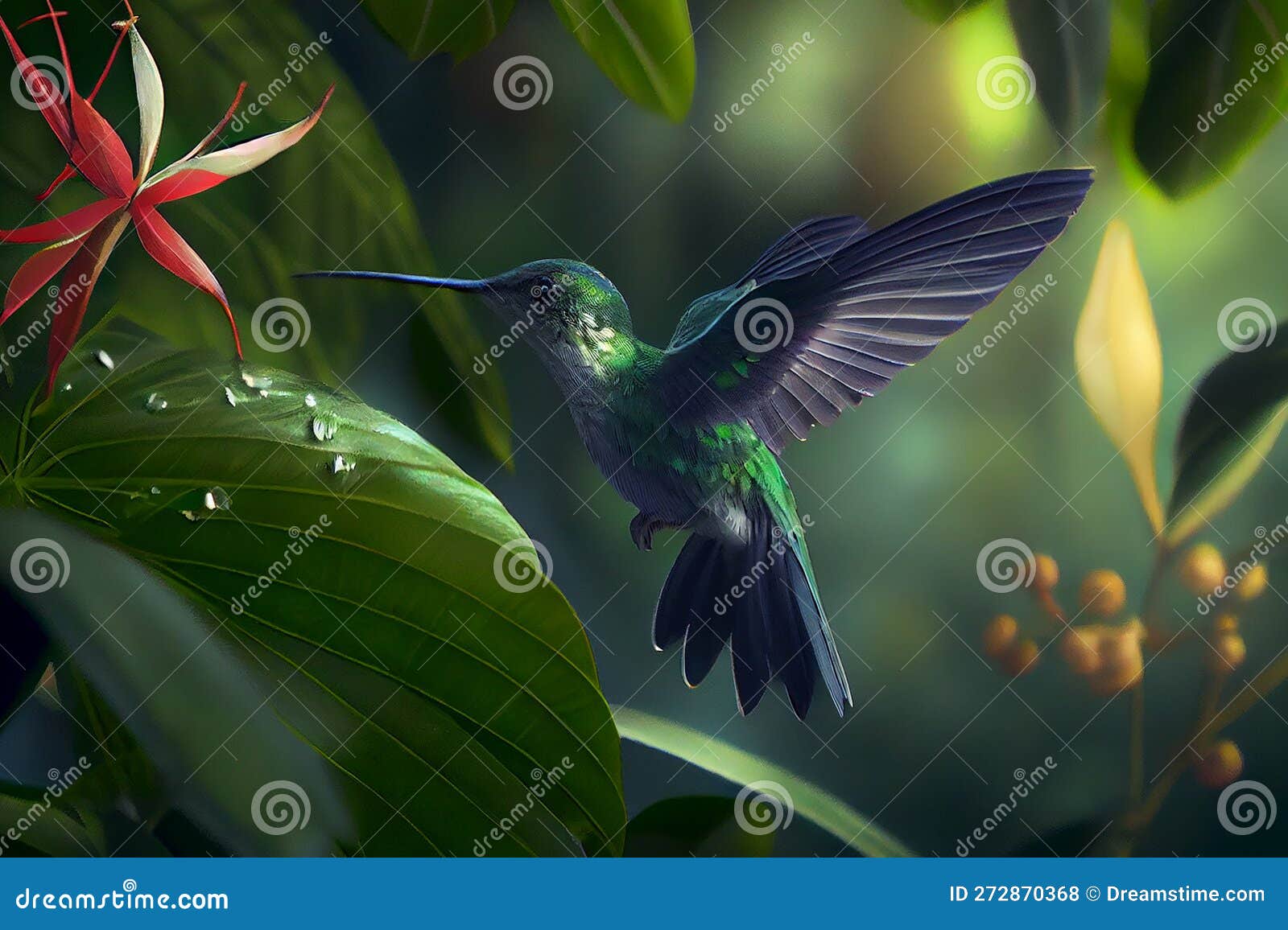 Hummingbird in Flight in the Rainforest Stock Illustration ...
