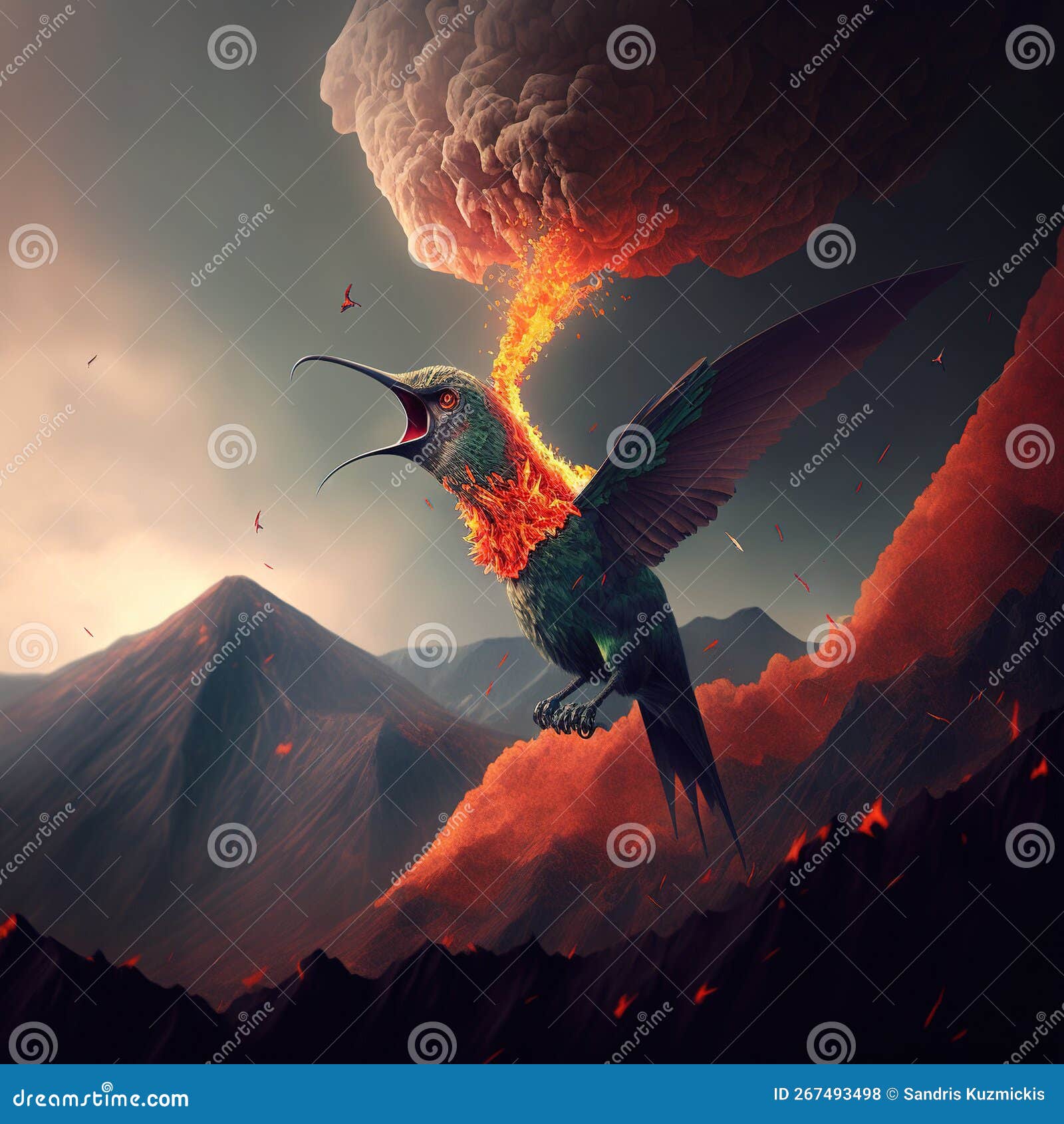 Hummingbird Flying Over Volcano. Generative AI Stock Illustration ...
