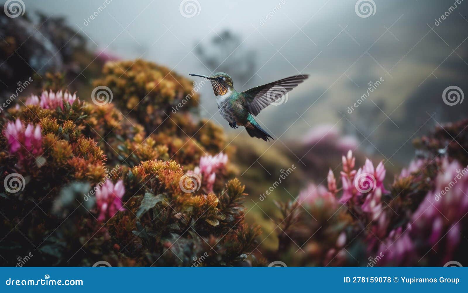 Hummingbird Hovering Mid Air, Pollinating Vibrant Flower Blossom ...
