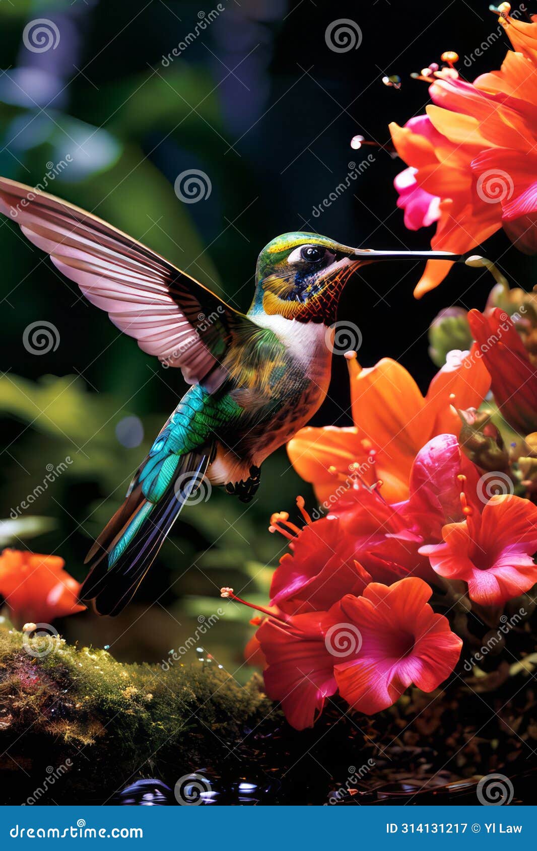 Hummingbird Hovering Over Brightly Colored Flowers, Ai Stock ...