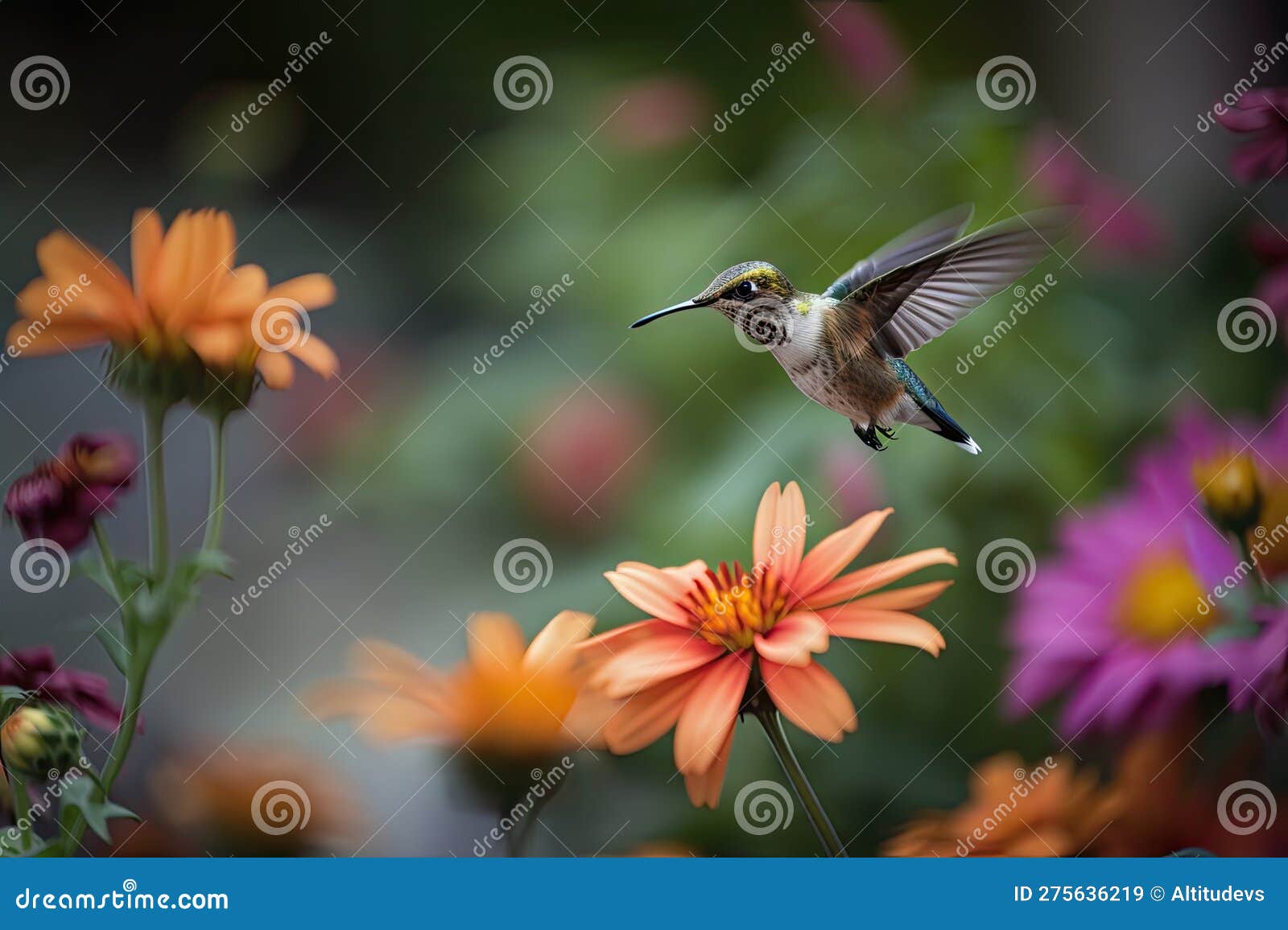 Hummingbird Hovering Over Flower Garden Stock Image - Image of feathers ...