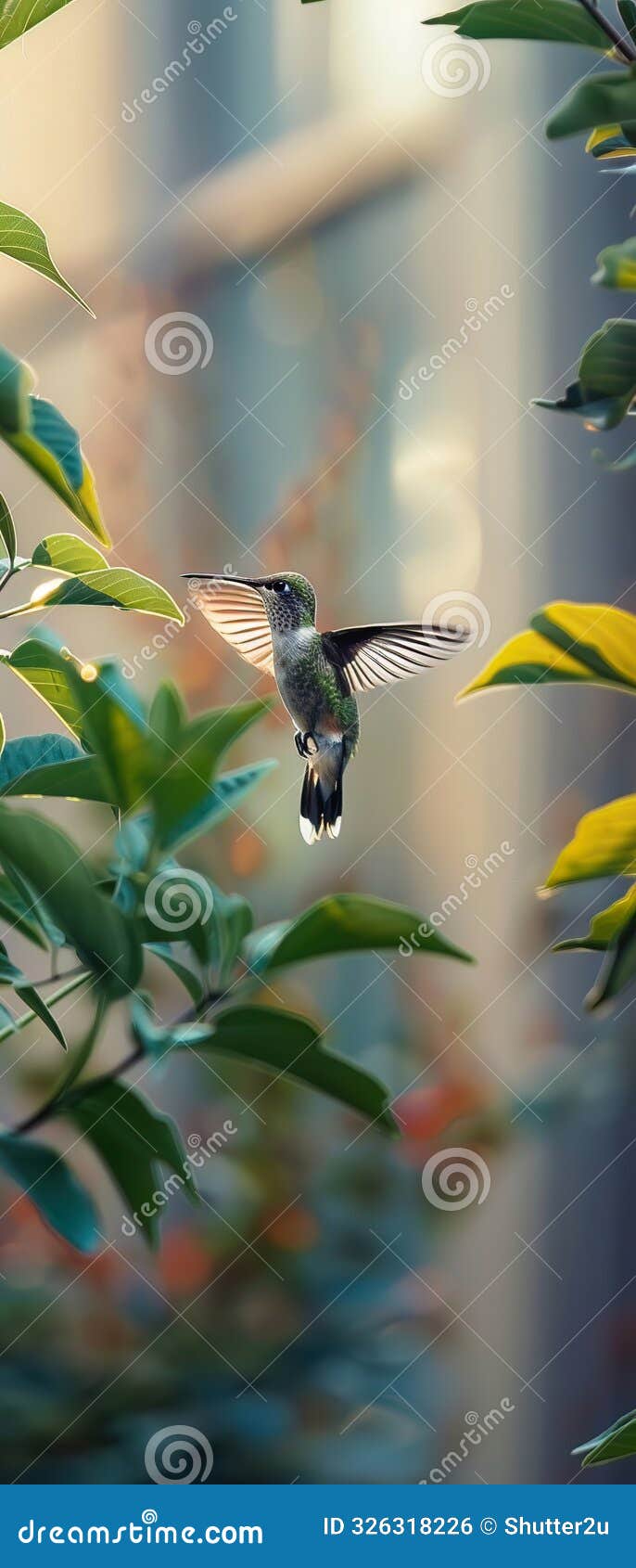 A Hummingbird Hovering Over an Office Balcony Garden Embodying Speed ...