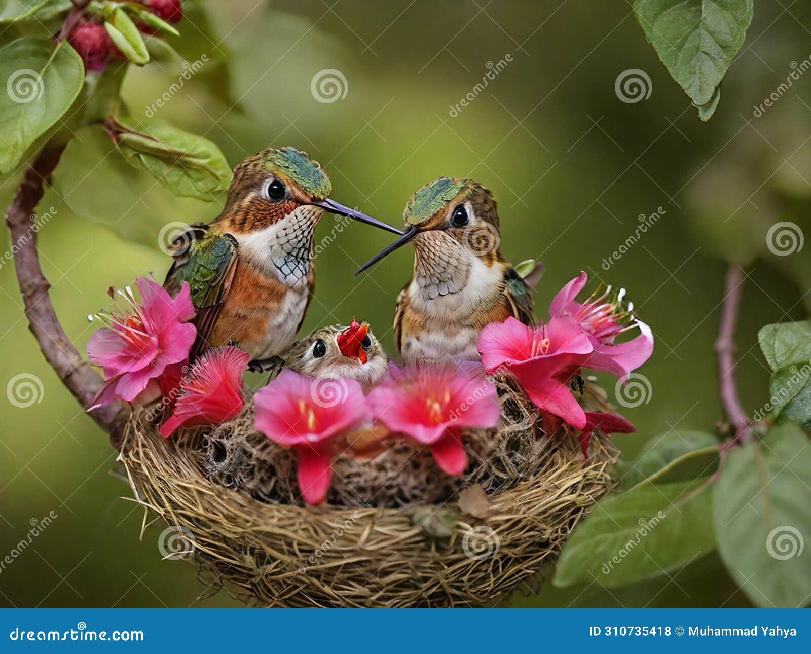 Hummingbird in Nest on Tree Branch Stock Illustration - Illustration of ...