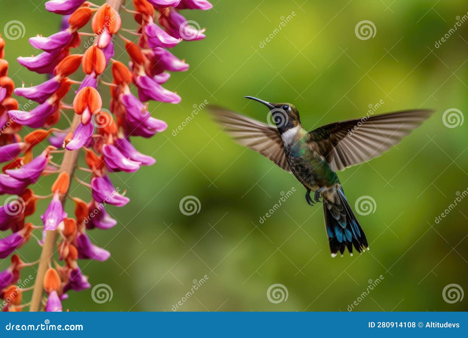 Hummingbird Taking Off from Flower, Its Wings Fluttering in Mid-flight ...