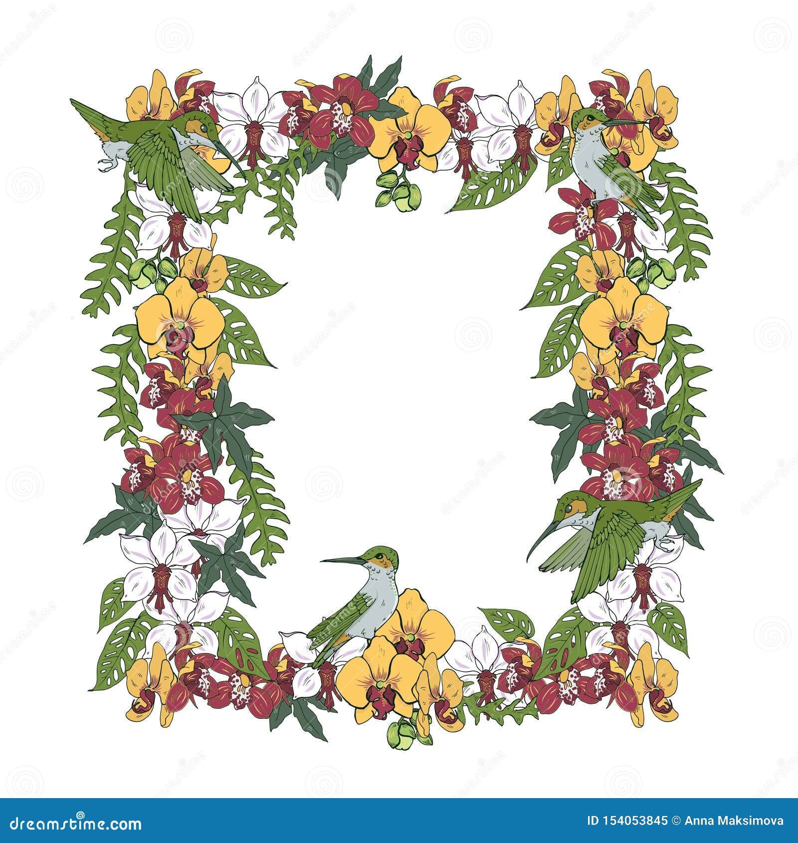 Hummingbirds and Tropical Flowers and Leaves, Frame Stock Vector ...