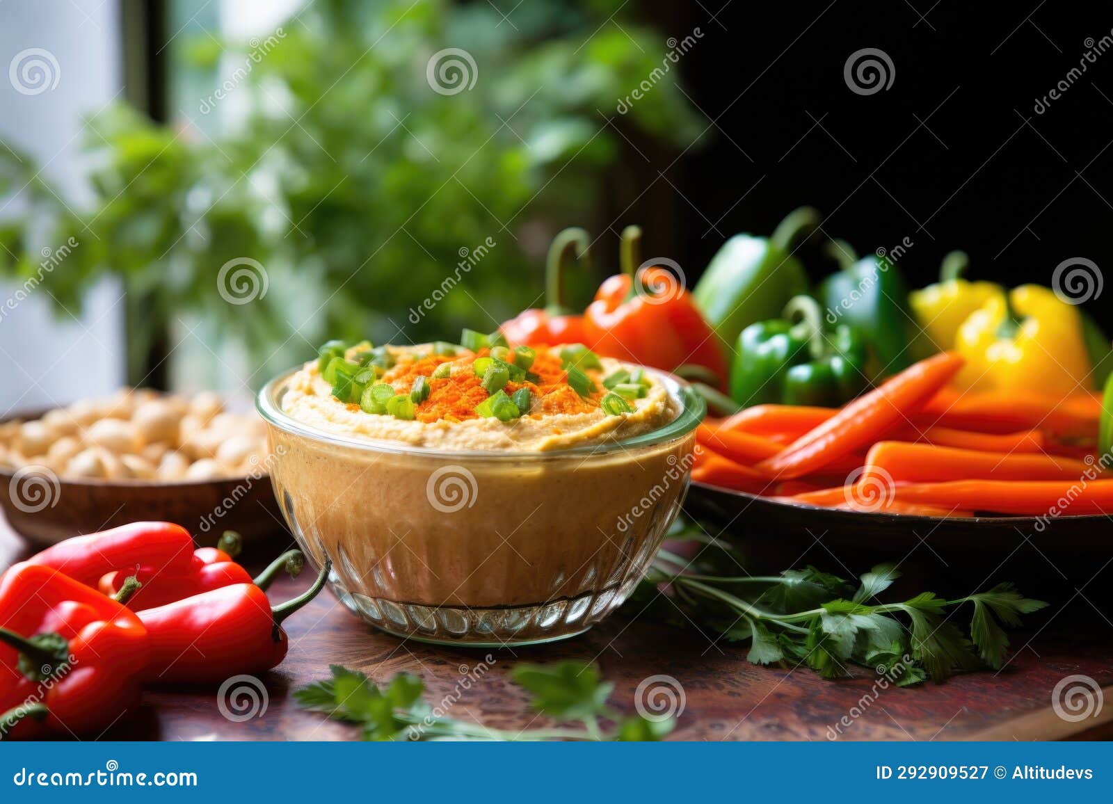 Hummus with an Array of Cut Bell Peppers on a Glass Table Stock Image ...