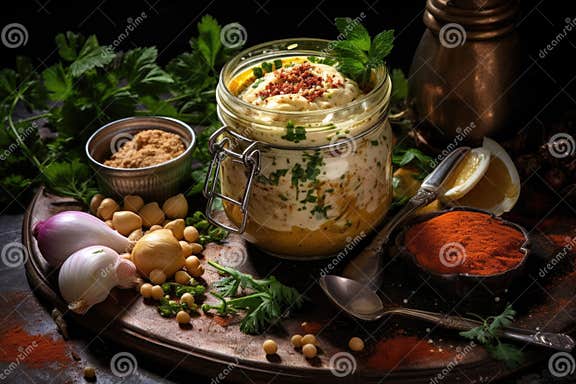 Hummus in a Jar with a Spoon, Surrounded by Ingredients Stock Photo ...