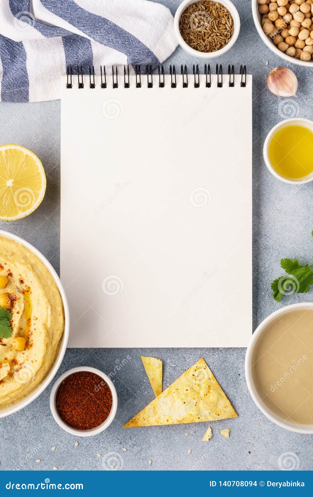 Hummus, Open Recipe Book and Ingredients for Cooking Stock Photo ...