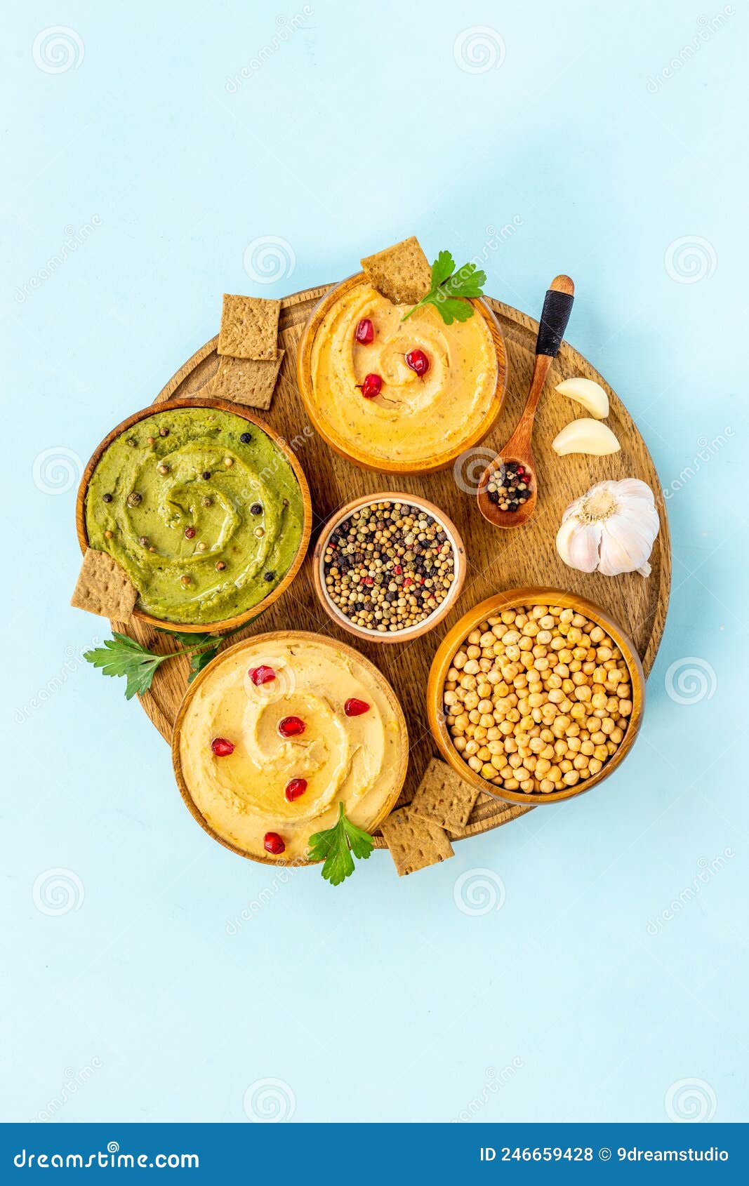 Hummus with Snacks Set - Various Types of Hummus in Bowls Stock Photo ...