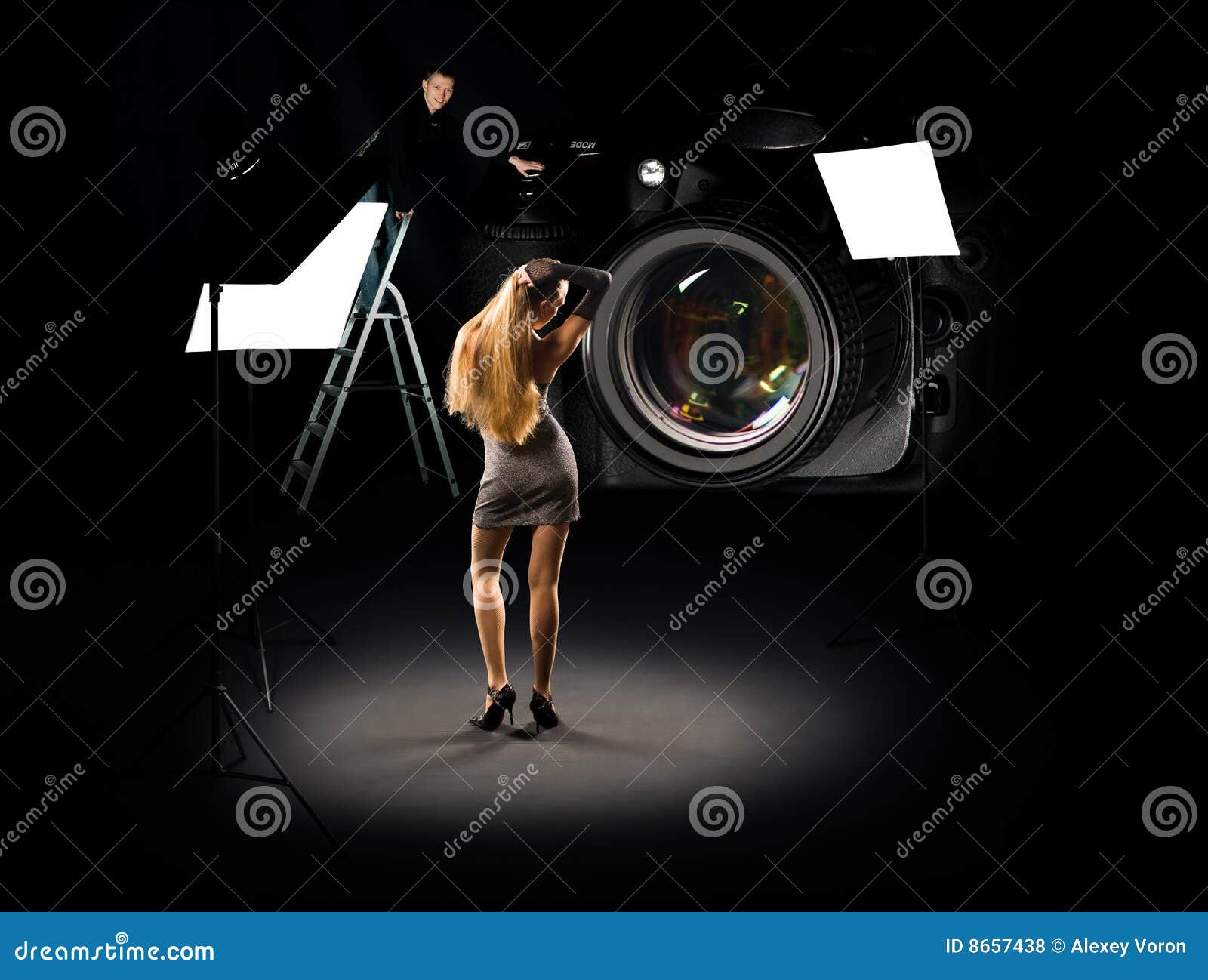 Humorous Collage Of Photographer And Model Stock Photography ...