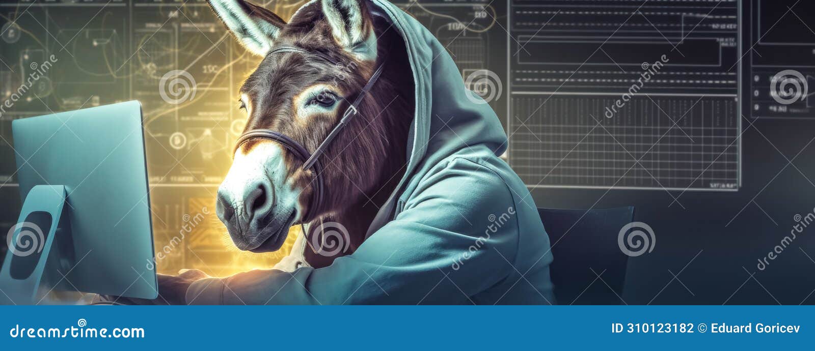 Tech-savvy Donkey Using Computer with Digital Interface Background ...