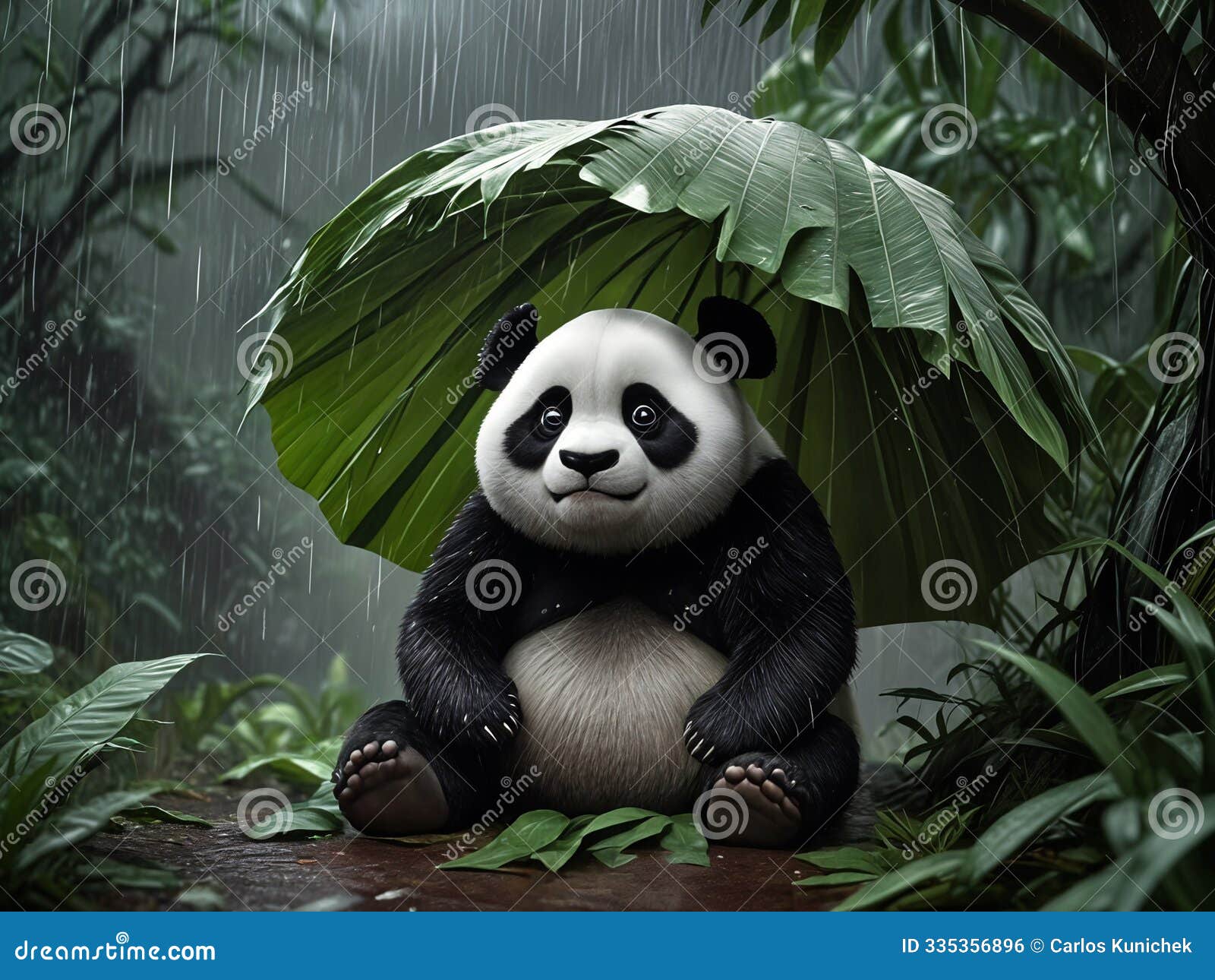 A Humorous Image of a Grumpy Panda Sheltering Under an Enormous Jungle Leaf during a Heavy ...