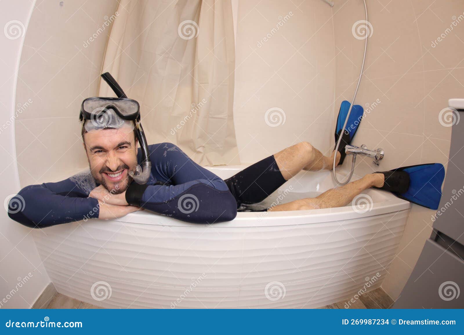 Humorous Man Snorkeling in the Bathtub Stock Photo - Image of home ...