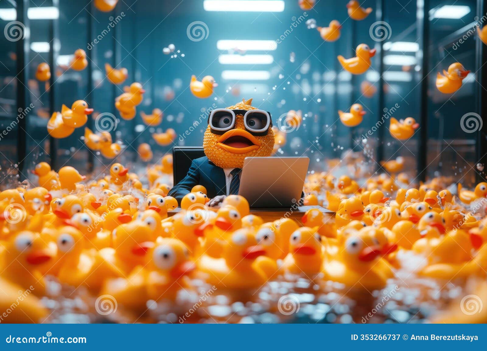 Humorous Office Setting with Person in Fish Costume Surrounded by ...