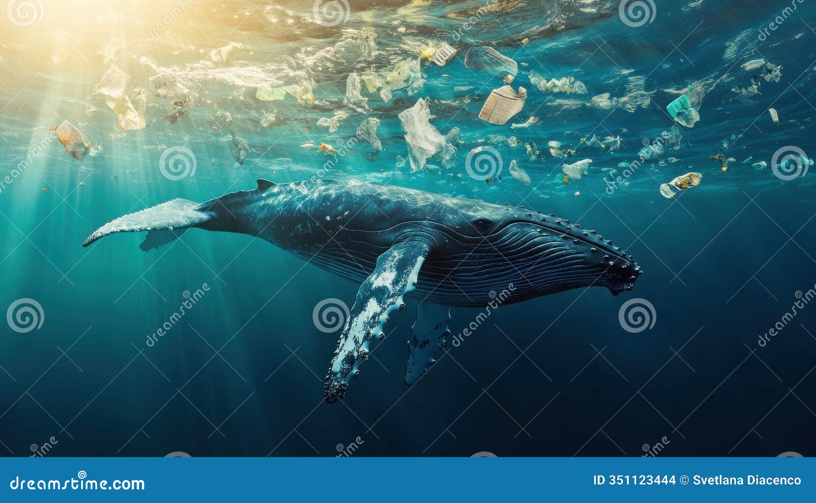 Humpback Whale Gliding through Polluted Waters, Microplastics and Waste ...