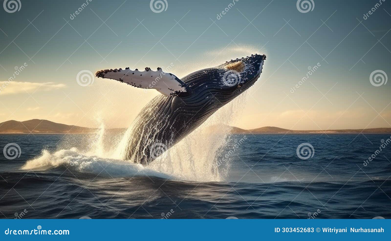 Humpback Whale Jumping Out of the Water. Whale is Spraying Water and ...