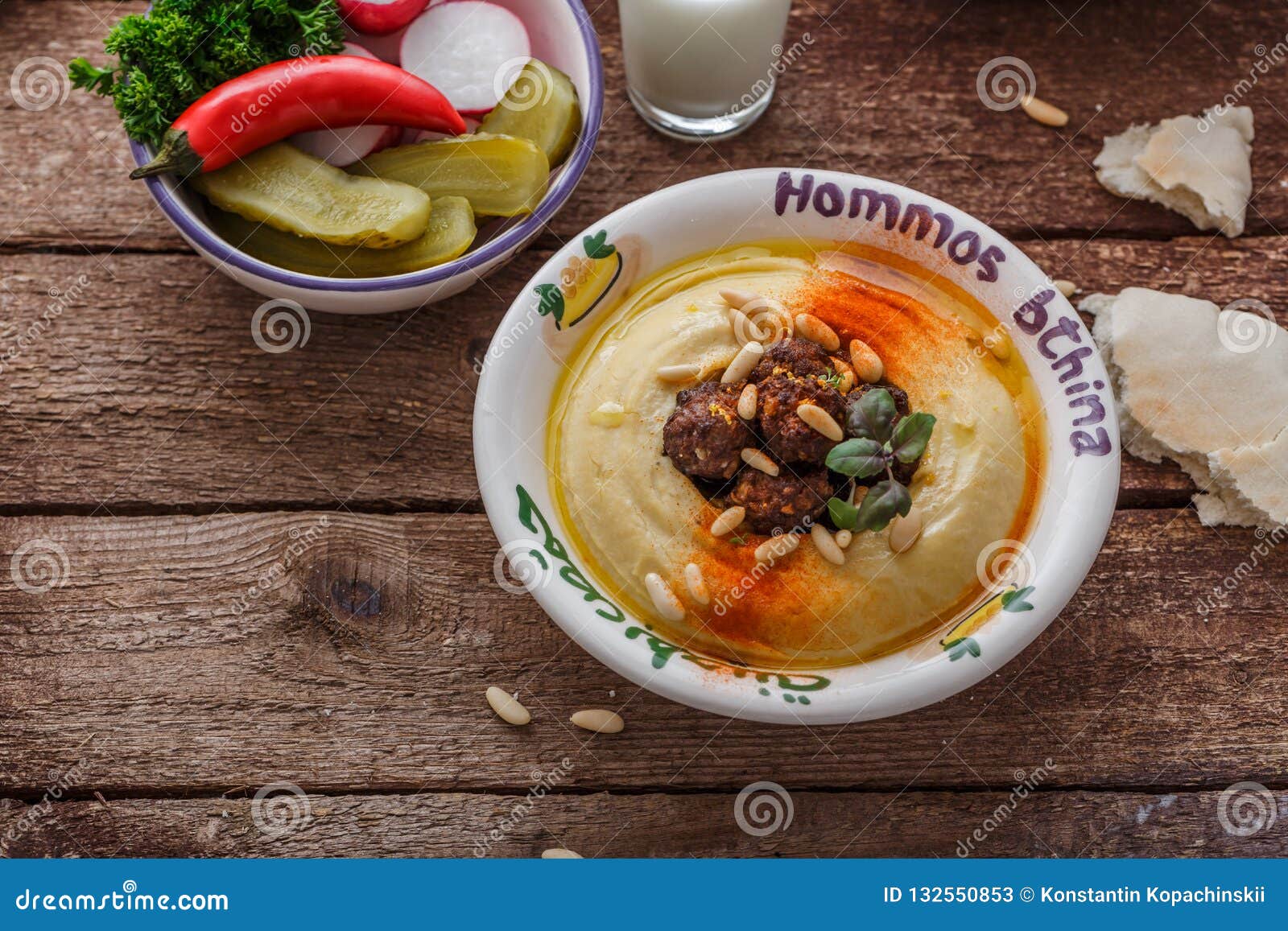 Humus with Fried Meat and Spices, Copy Space Stock Image - Image of ...