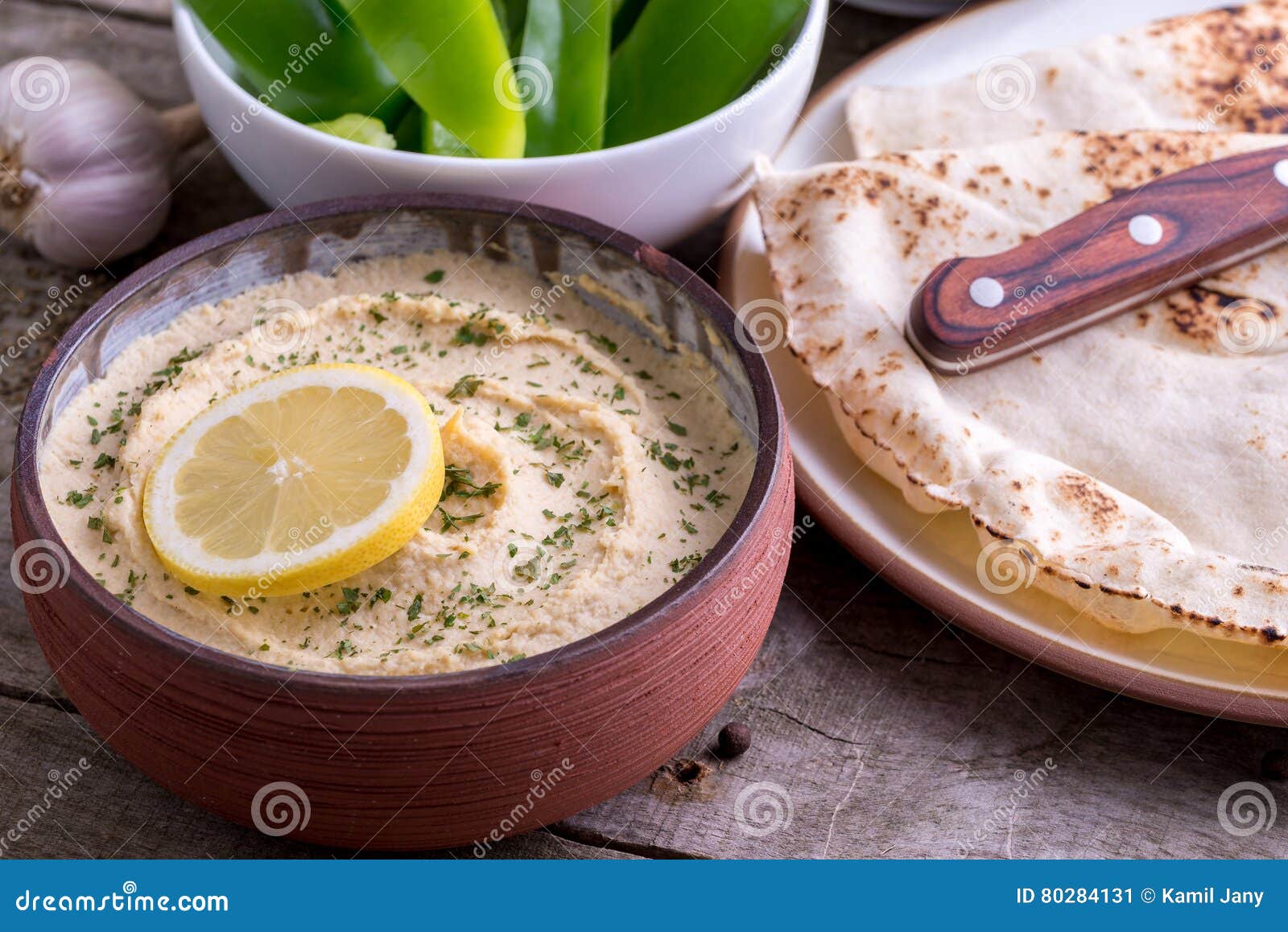Humus in Homemade Bowl Chapati, Vegetable. Stock Image - Image of ...