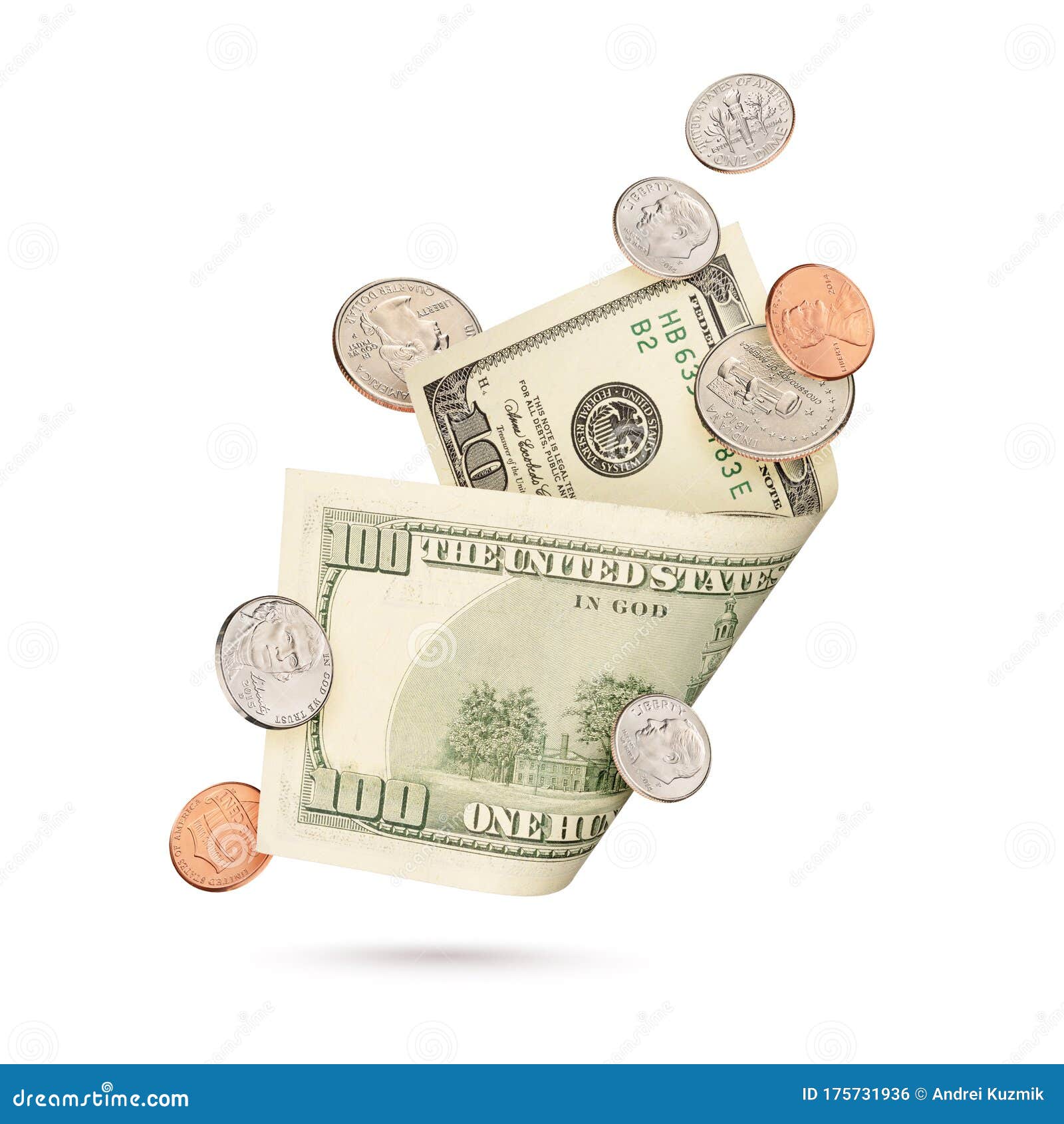 Hundred Dollar and Different Cent Coins Isolated on a White Stock Photo ...