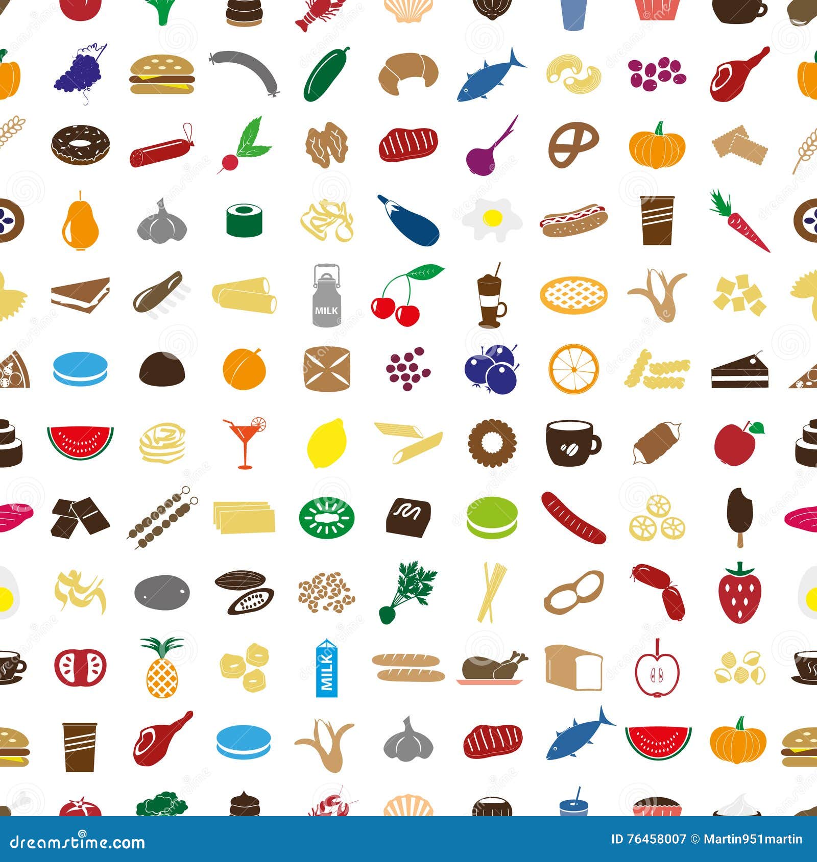 Hundred Various Food and Drink Color Icons Seamless Pattern Eps10 Stock ...
