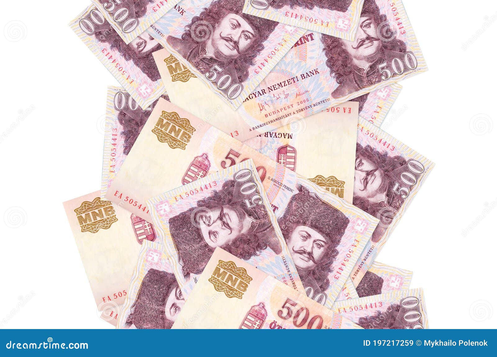 500 Hungarian Forint Bills Flying Down Isolated on White. Many ...
