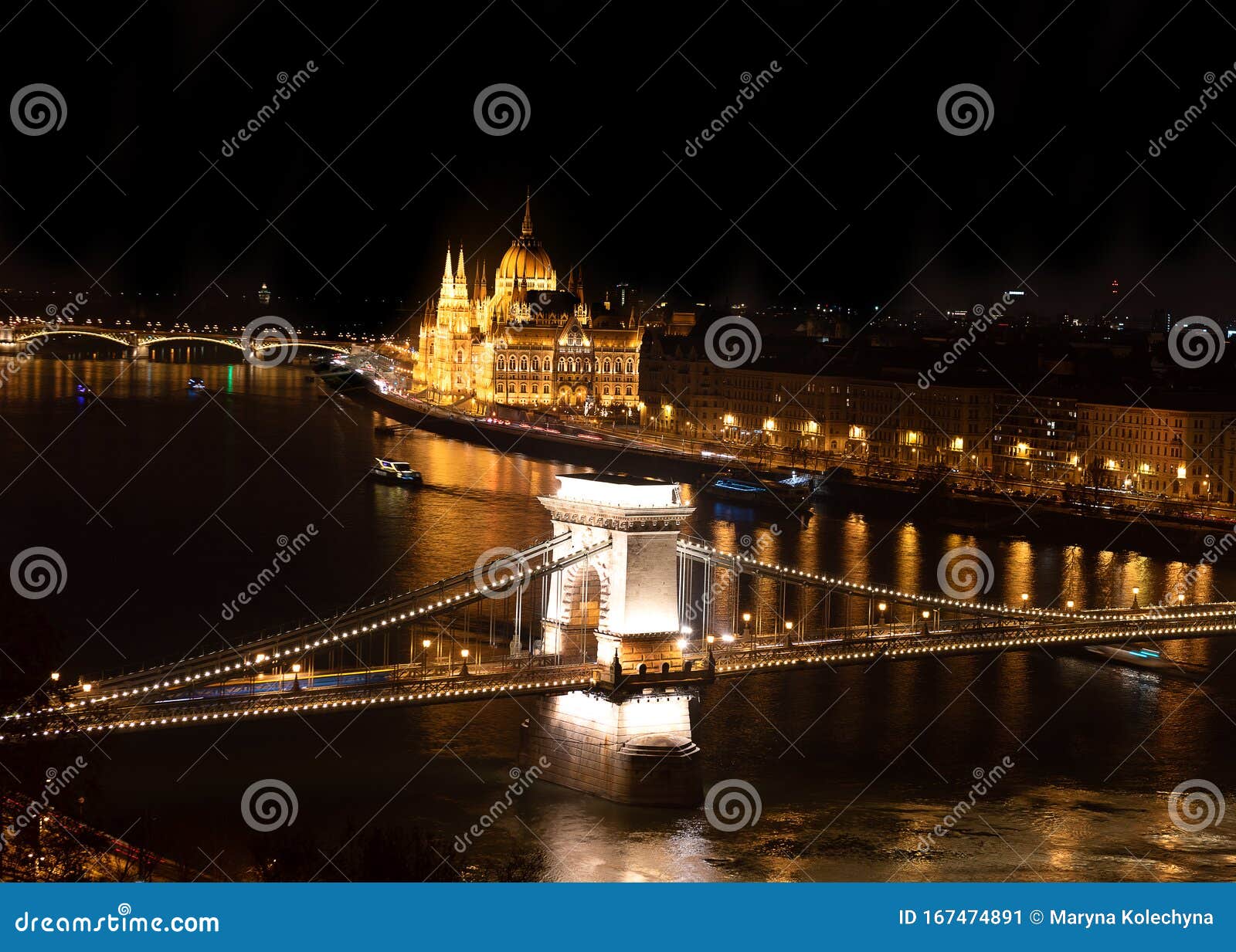 Hungarian Landmarks at Night, Chain Bridge in Budapest Stock Image ...