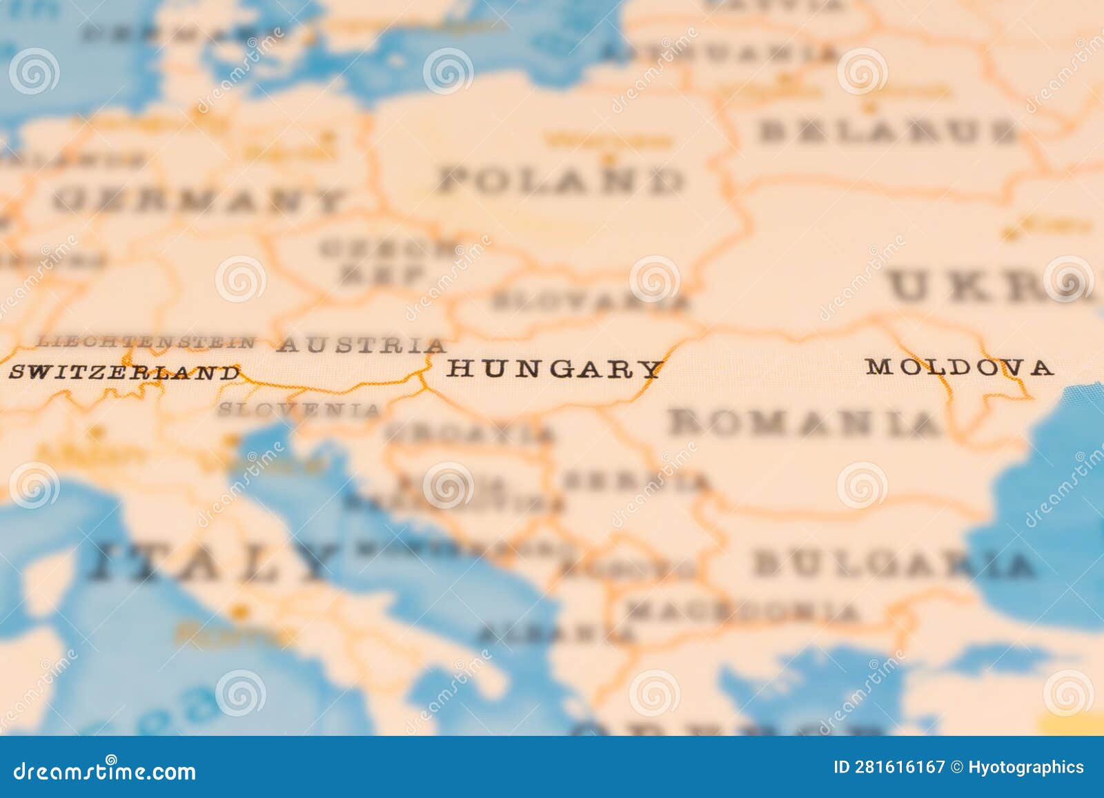 Hungary in Focus on a Tilted World Map. Stock Illustration ...