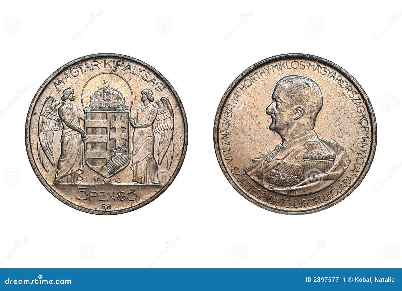1943 Hungary 5 Pengo. Ancient Coins of Hungary Stock Image - Image of ...