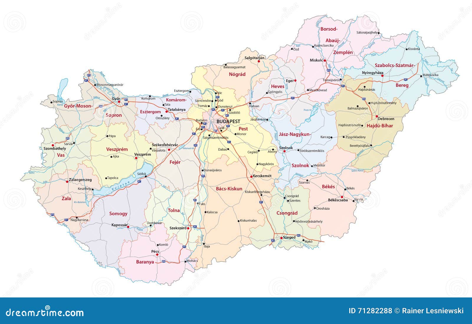 Hungary Road and Administrative Map Stock Illustration - Illustration ...