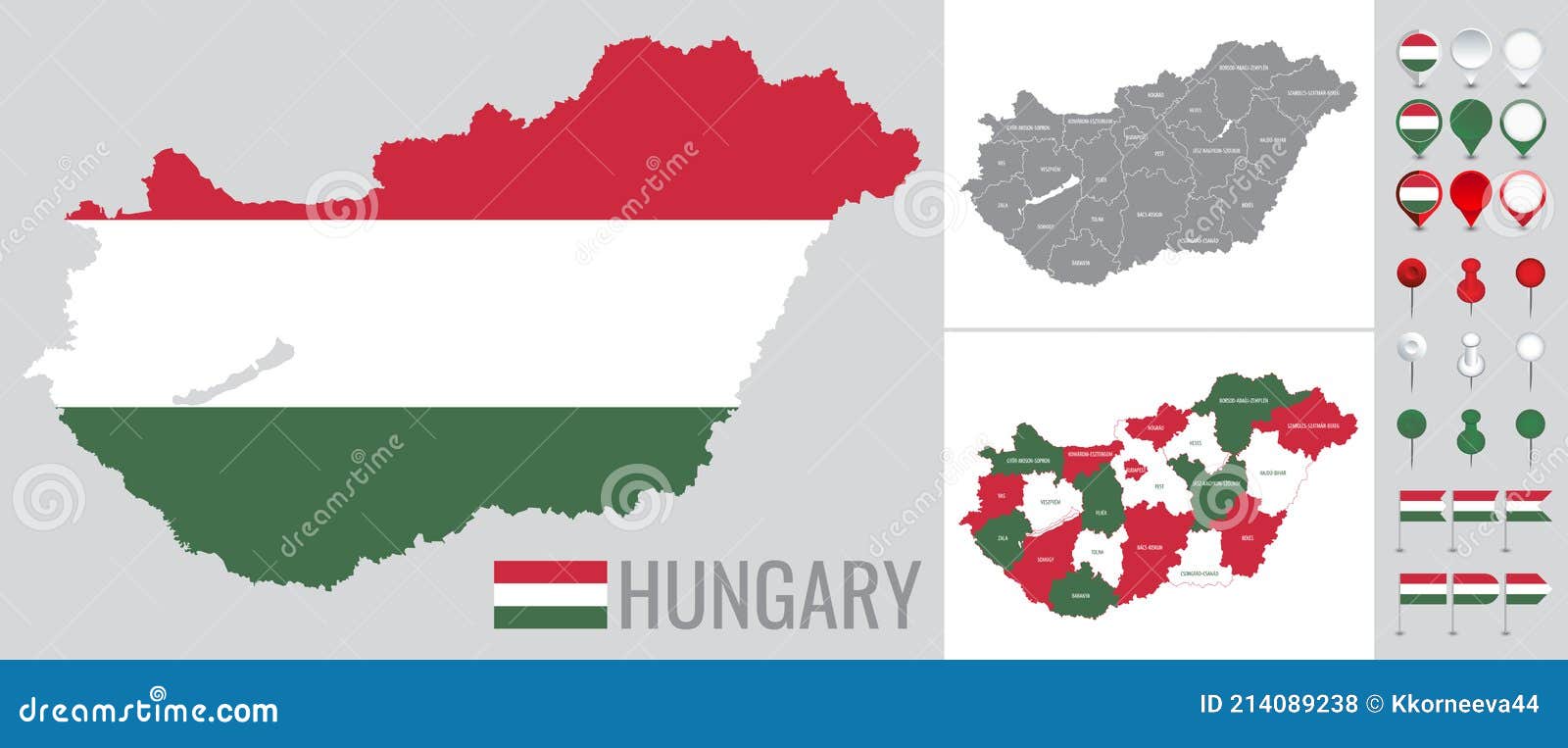 Hungary Vector Map with Flag, Globe and Icons on White Background Stock ...