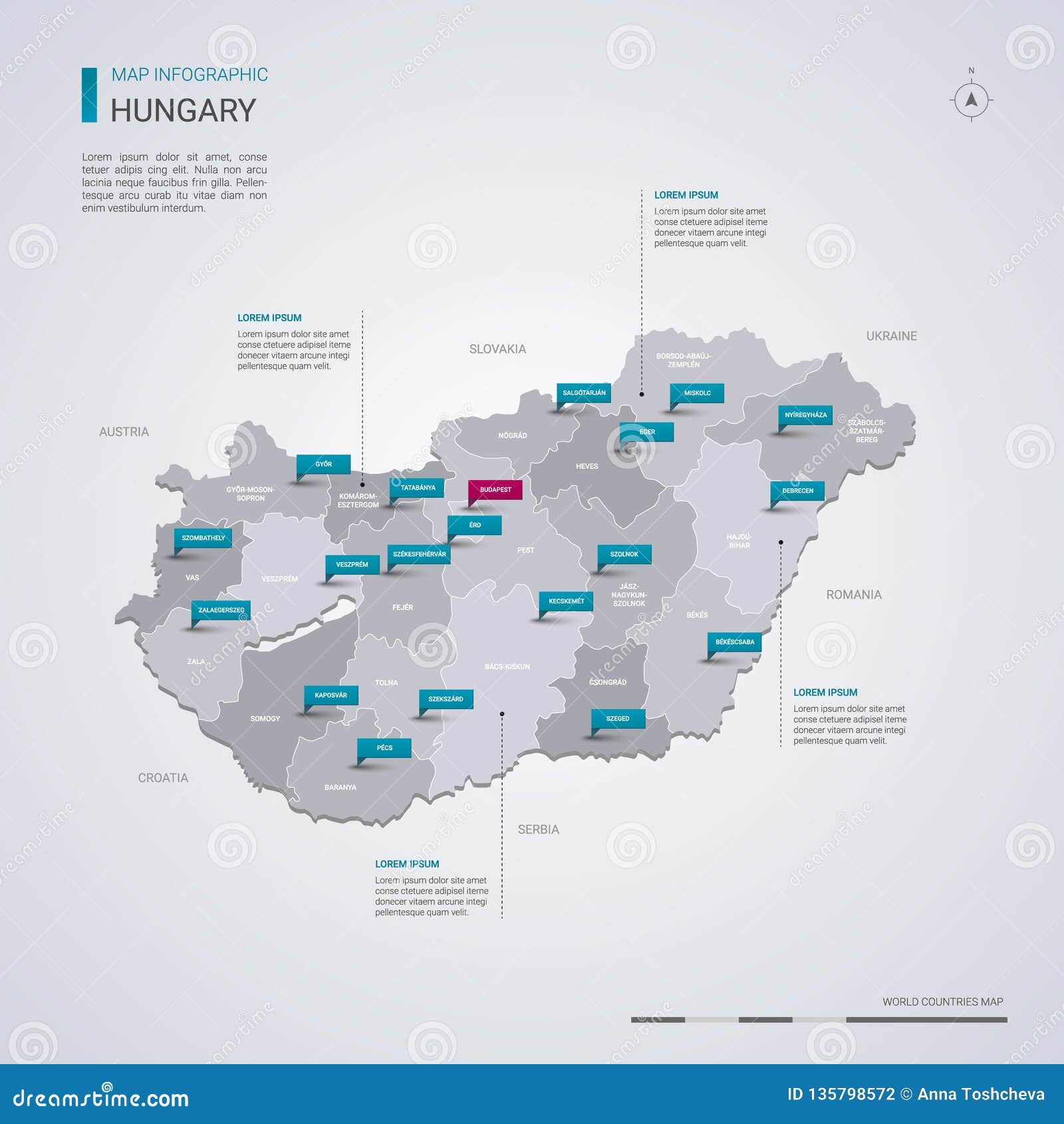Hungary Vector Map with Infographic Elements, Pointer Marks Stock ...