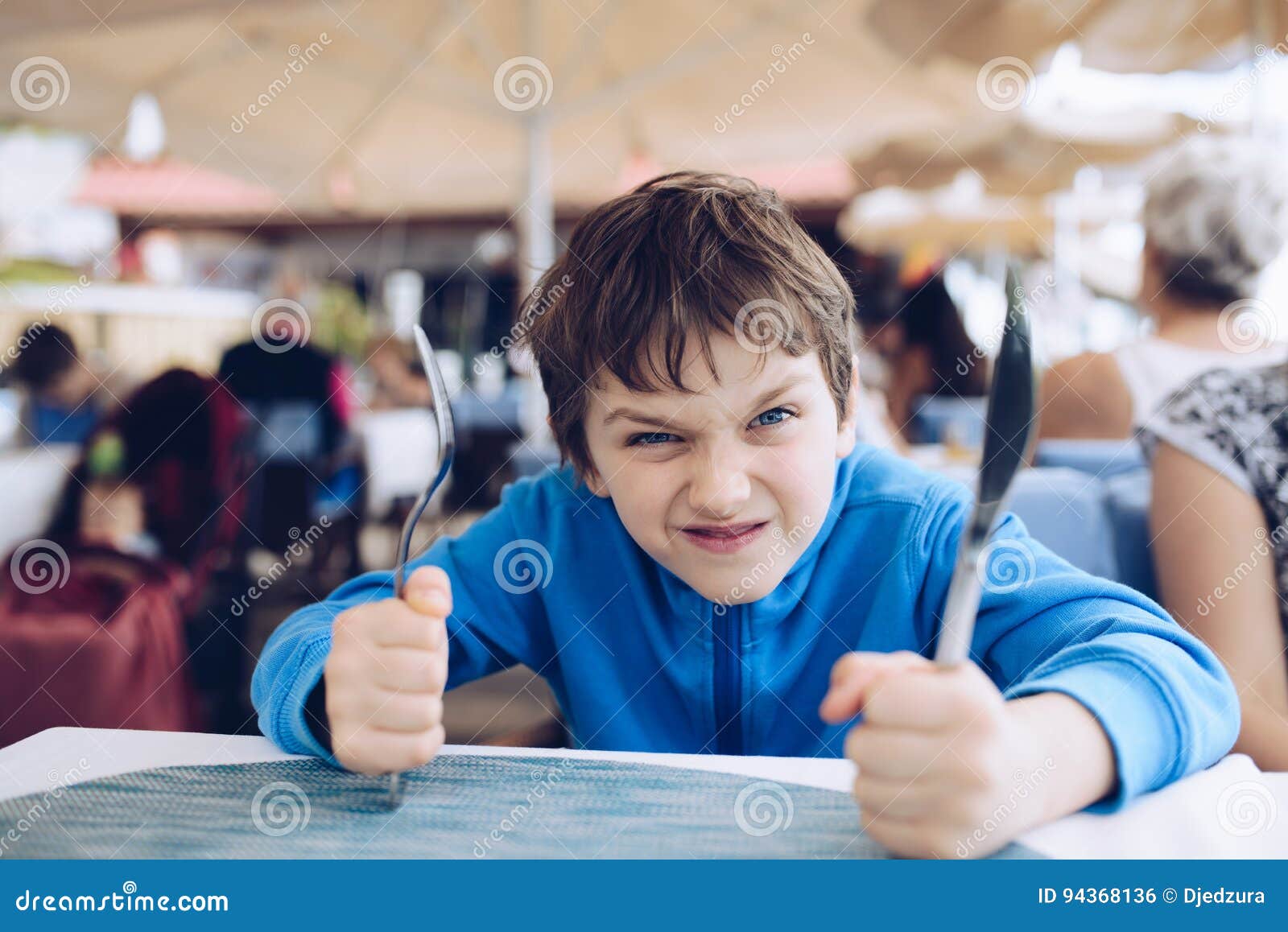 Hungry Angry Little Boy Waiting for His Dinner Stock Photo - Image of ...